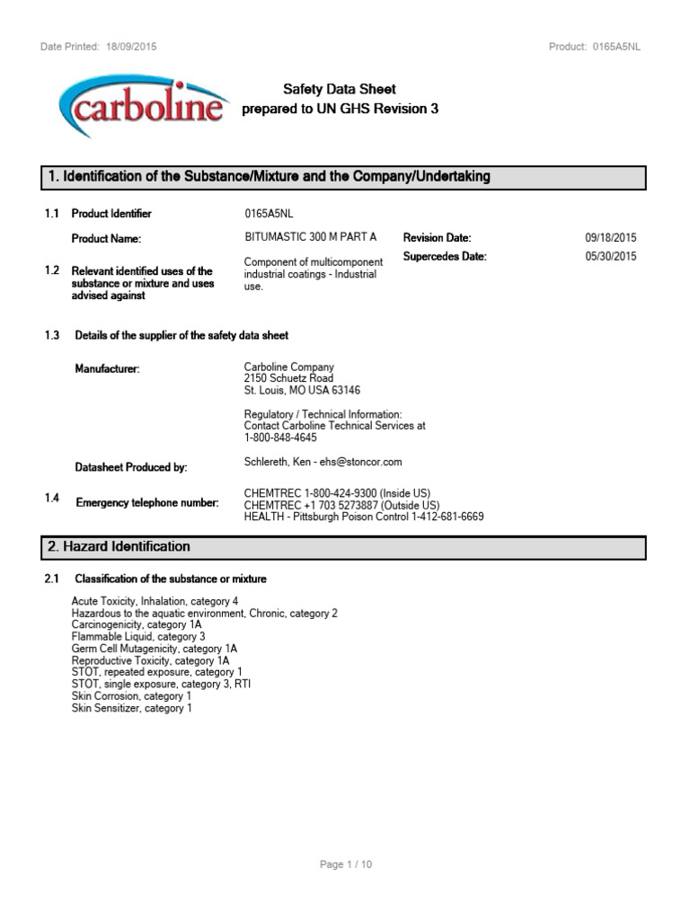 Bitumastic 300 M Safety Data Sheet | PDF | Firefighting | Toxicity