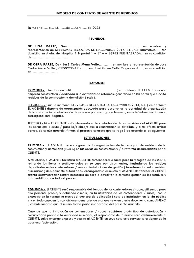 Modelo de Contrato de Agente de Residuos | PDF | Residuos