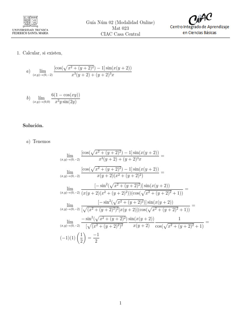 Guía y Pauta 2 - (Límite de funciones de varias variables) | PDF | Análisis matemático | Matemáticas