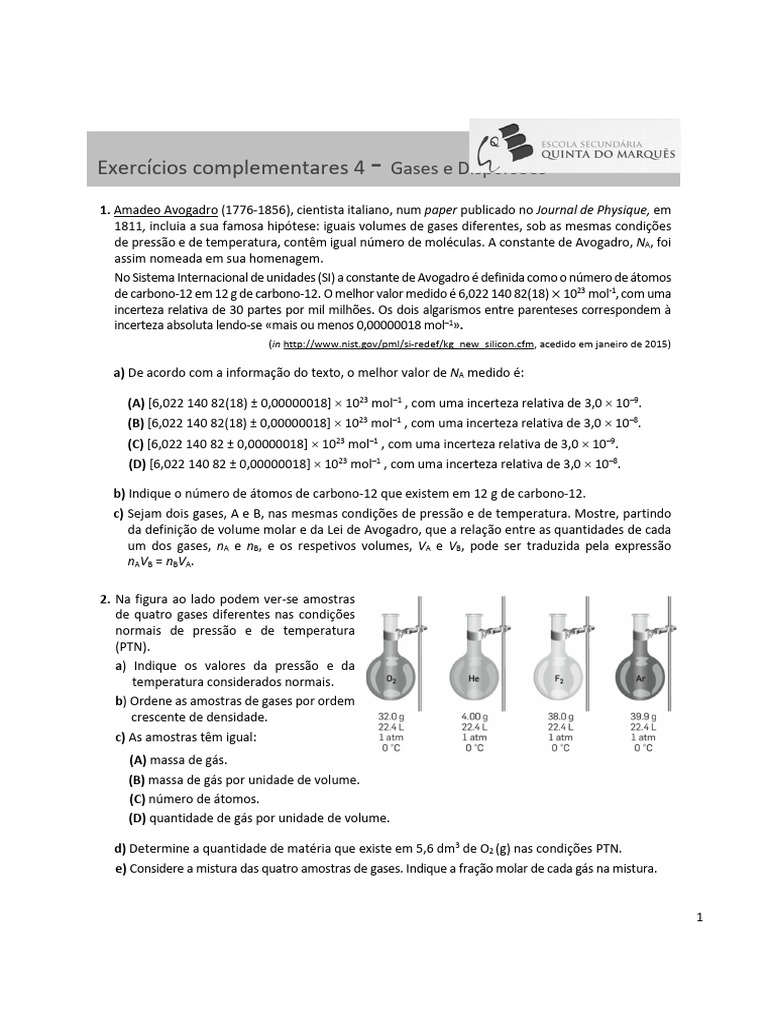 Ficha Exercicios Complementar 3 | PDF | Mol (unidade) | Fases da Matéria