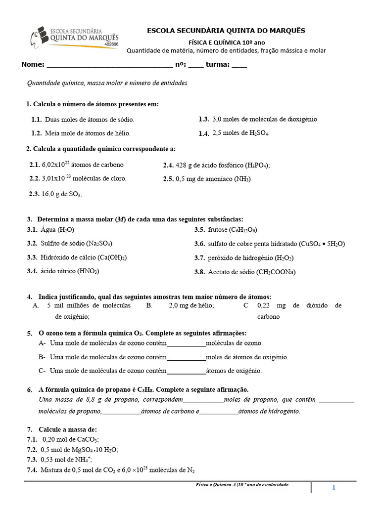 ficha_exercicios_complementar_2 | PDF | Mol (unidade) | Oxigênio
