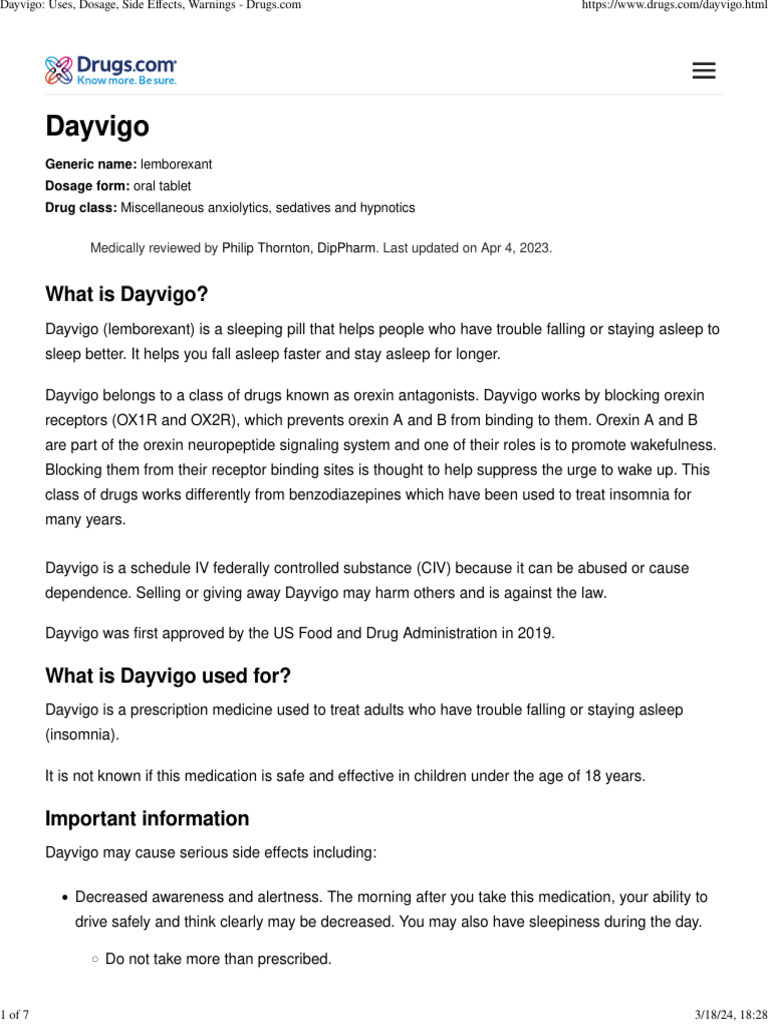 Dayvigo Uses, Dosage, Side Effects, Warnings | PDF | Drugs ...