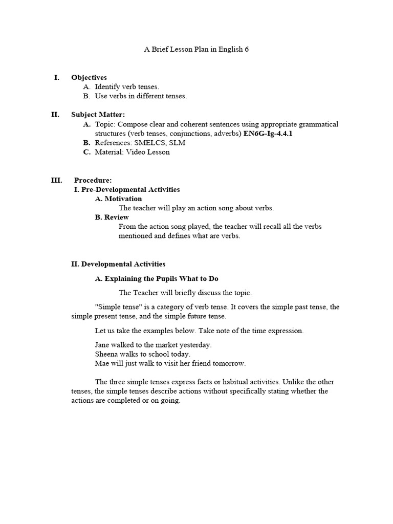 A Brief Lesson Plan in English 6 | PDF | Grammatical Tense | Verb