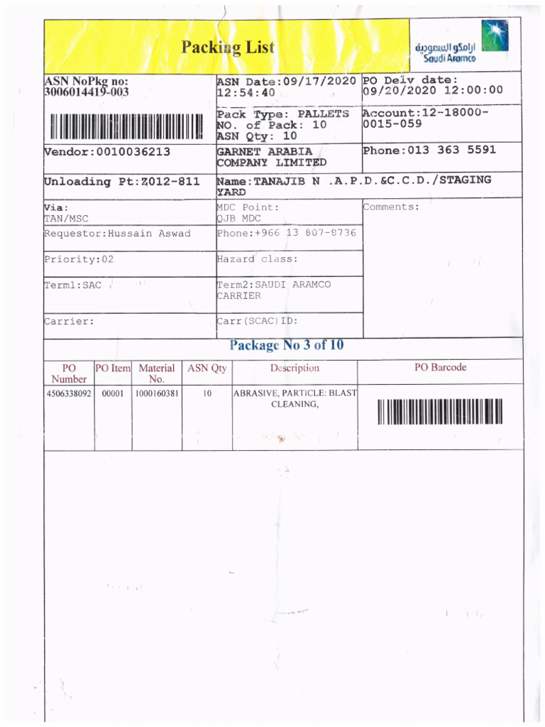 Packing List #3006014419-003 | PDF