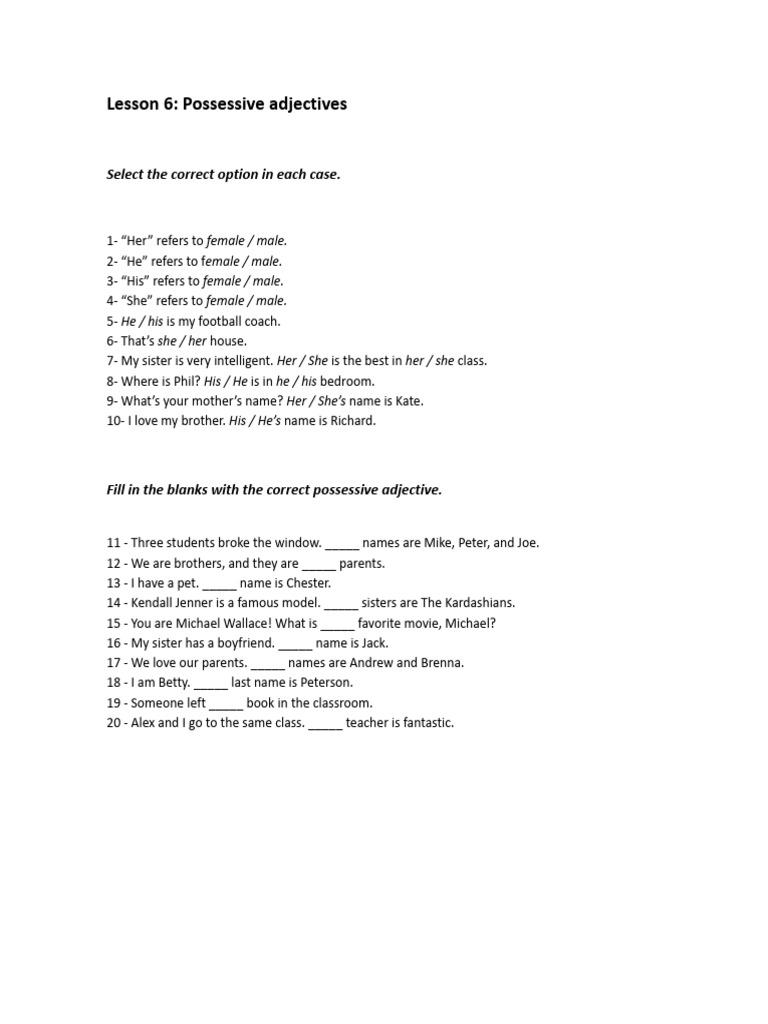Possessive Adjectives Quiz | PDF