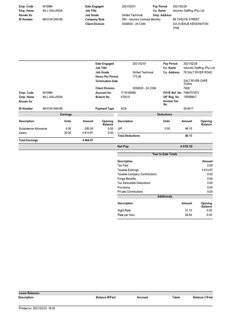 Laetitia Kalunga - Payslip February 2021 | PDF | Tax Deduction | Taxes