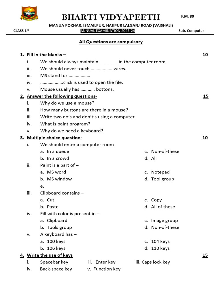 Question COMPUTER Class 1st | PDF