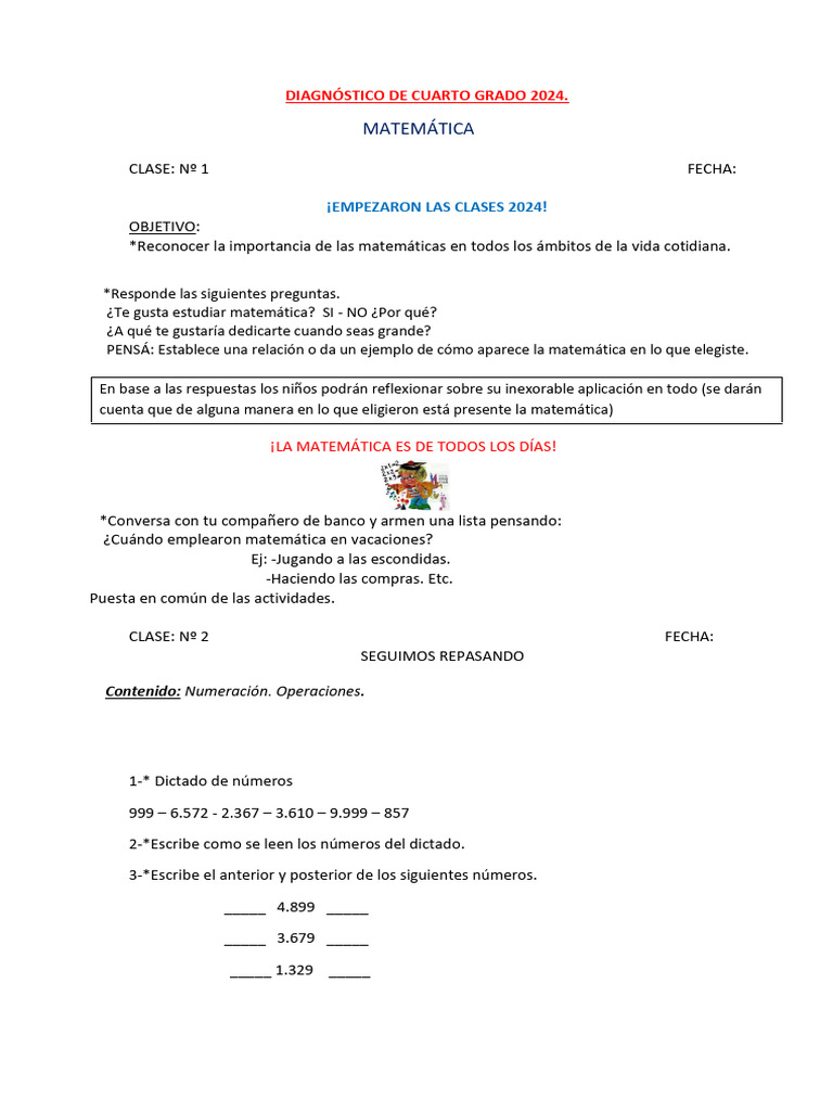 Diagnóstico Matemático 4° Grado 2024 | PDF