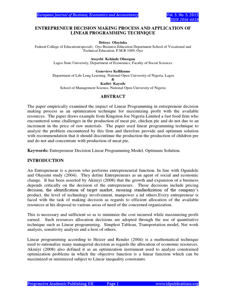 Entrepreneur Decision Making Process and Application of Linear Programming Technique | PDF ...