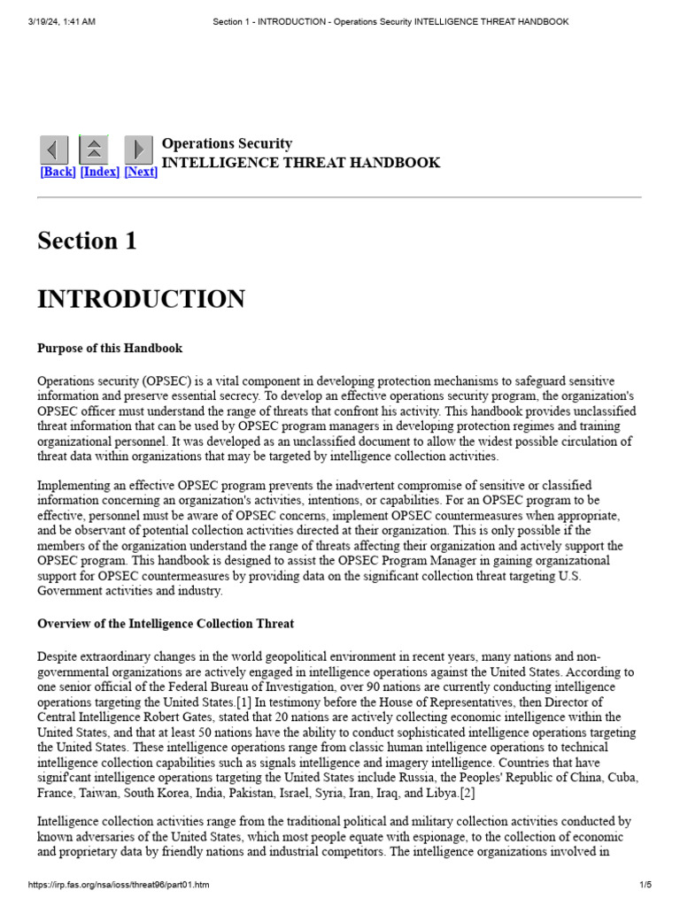 Section 1 - Introduction - Operations Security Intelligence Threat Handbook | PDF | Signals ...