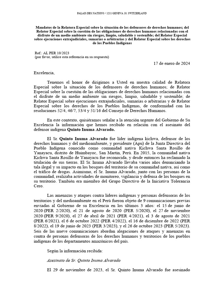 Carta de Relatores de La ONU Por El Asesinato Del Apu Quinto Inuma ... Carta de Relatores de La ONU Por El Asesinato Del Apu Quinto Inuma ...