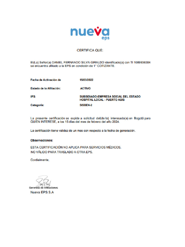 CERTIFICADO EPS DANIEL | PDF