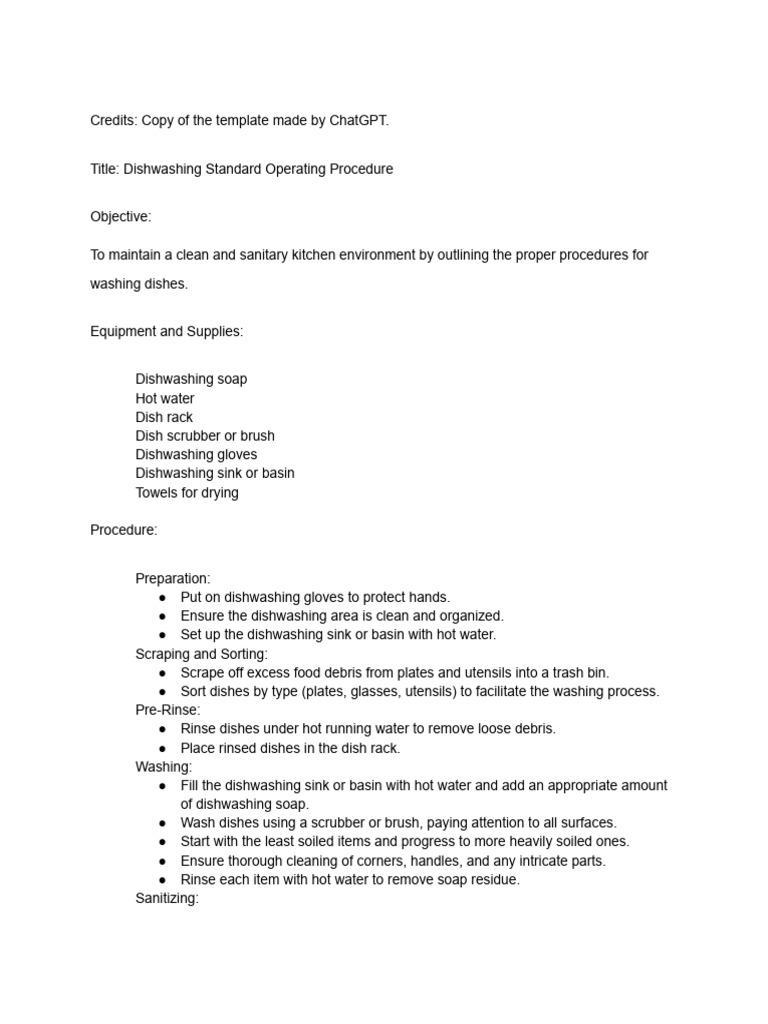 SOP of washing dishes | PDF | Dishwasher