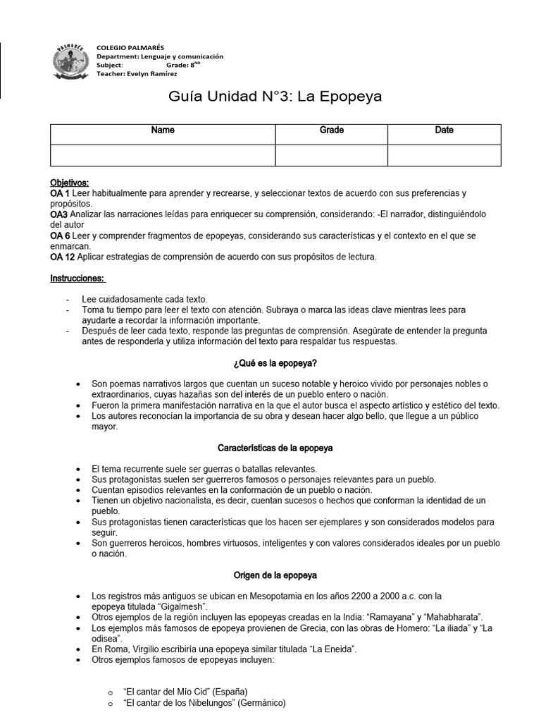 Guía N°3 La Epopeya | PDF | Poesía épica