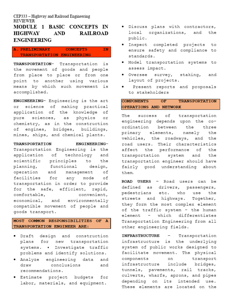 Module 1 Basic Concepts in Highway and Railroad Engineering Reviewer PDF | PDF | Transport ...