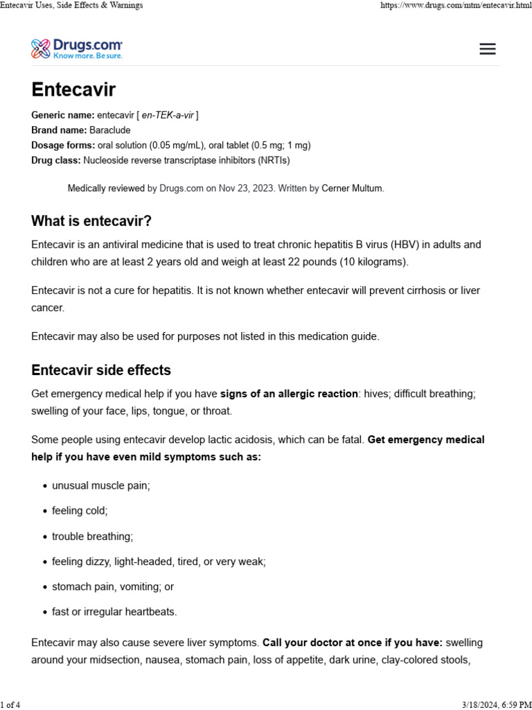 Entecavir Uses, Side Effects & Warnings | Download Free PDF | Hepatitis ...