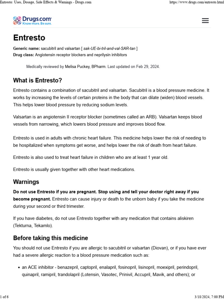 Entresto Uses, Dosage, Side Effects & Warnings | PDF | Drugs | Medical ...