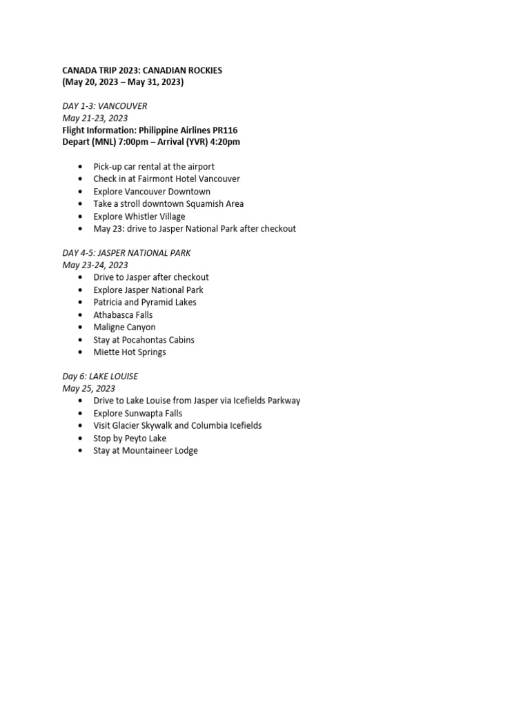 CANADA Sample Itinerary | PDF