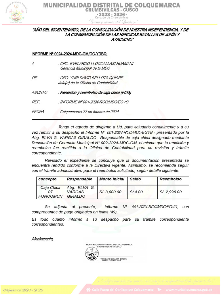 Informe #0024-Rendición y Reembolso de Cja Chica | PDF