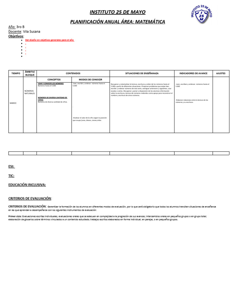 Planificacion Anual De Matemática Pdf Evaluación Modificación De 3390