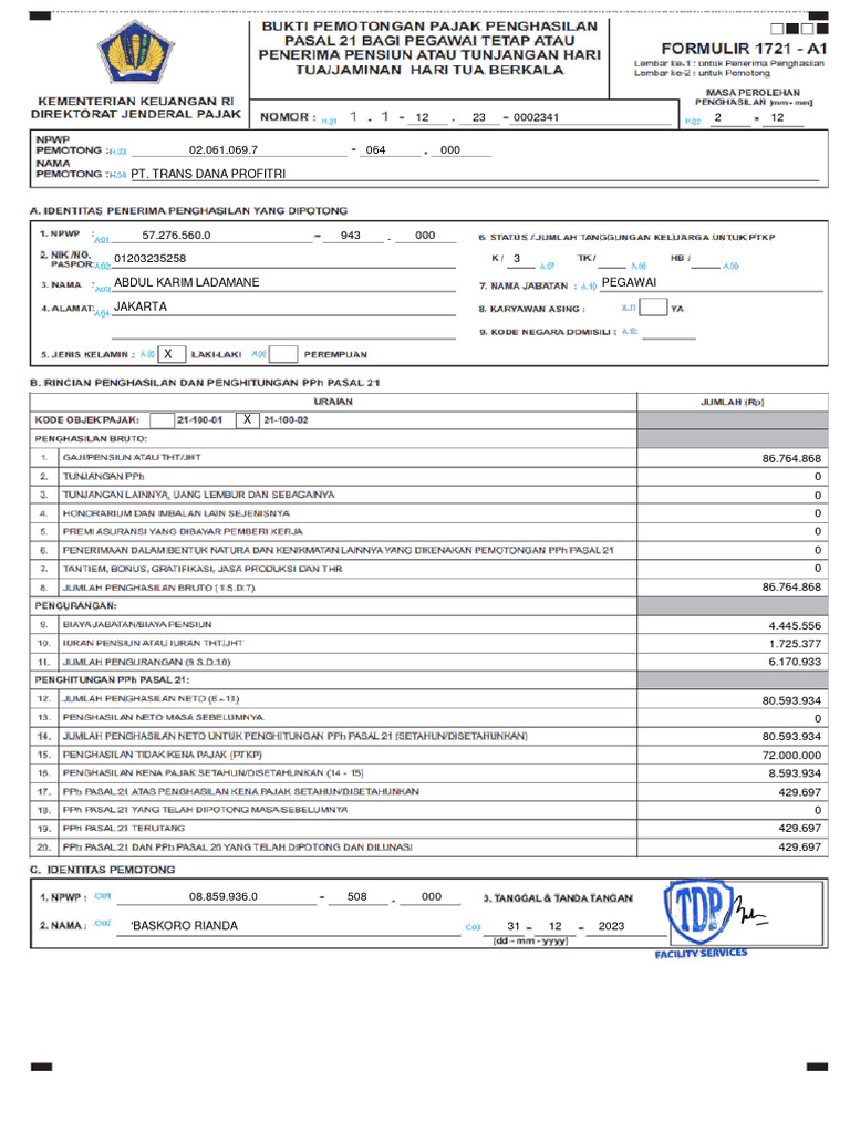 UBPN Malut - Bupot PPH 21 2023 | PDF