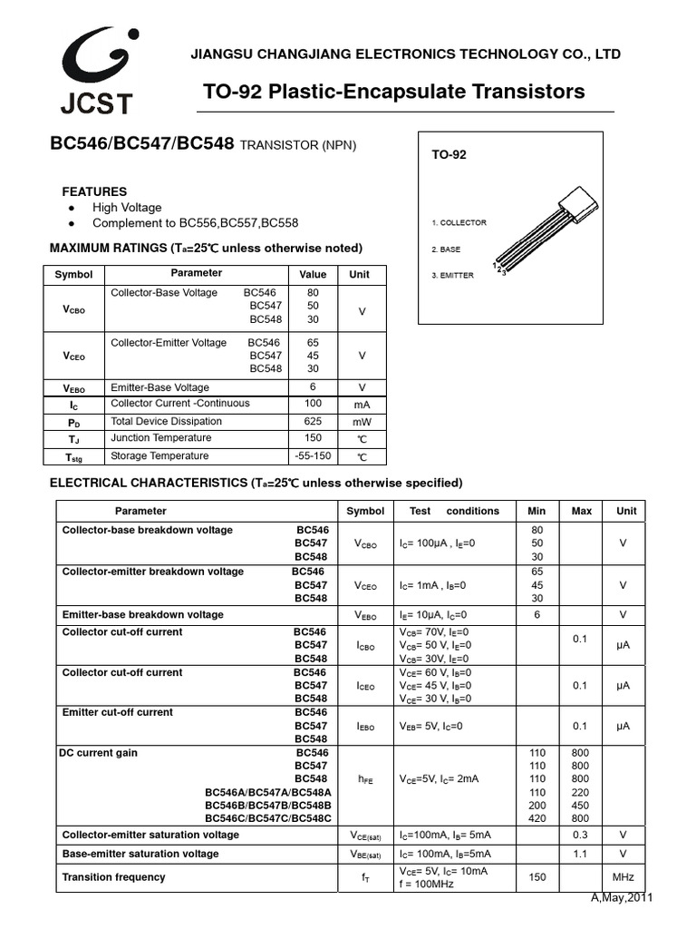 Jiangsu Changjing Electronics Technology Co - LTD BC547 TA - C2092 | PDF | Bipolar Junction ...