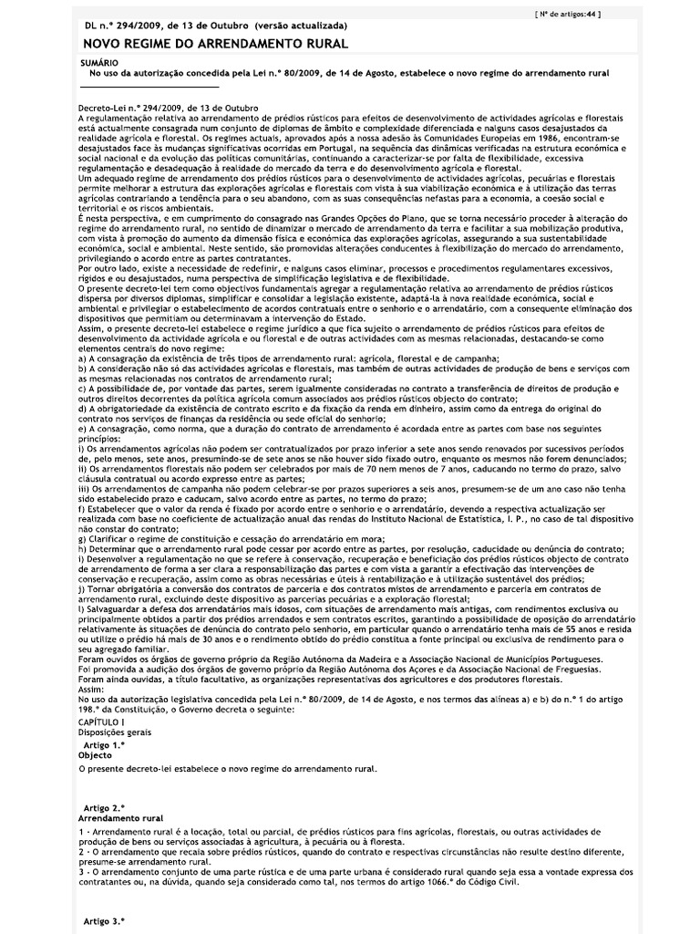 Regime Arrendamento Rural DL 294-09 | PDF