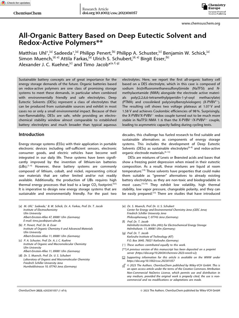 ChemSusChem - 2023 - Uhl - All‐Organic Battery Based on Deep Eutectic Solvent and Redox‐Active ...