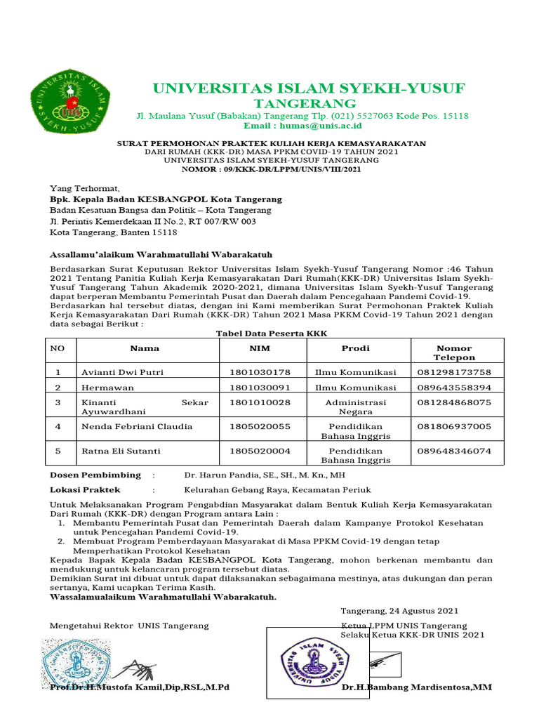 SURAT TUGAS PESERTA KKK-DR UNIS 2021 Fix | PDF