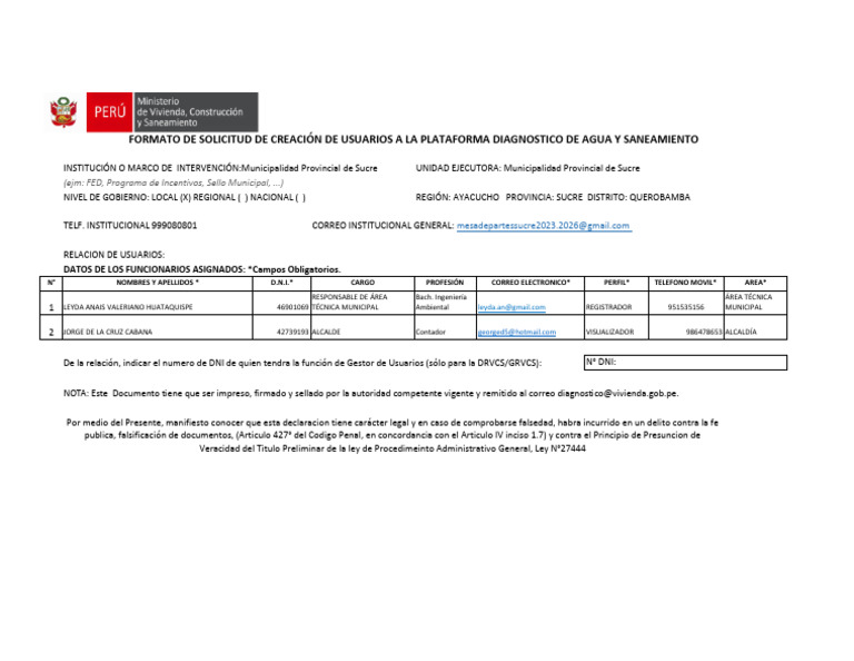 Formato Oficial Creación de Usuarios Plataforma Diagnóstico | PDF