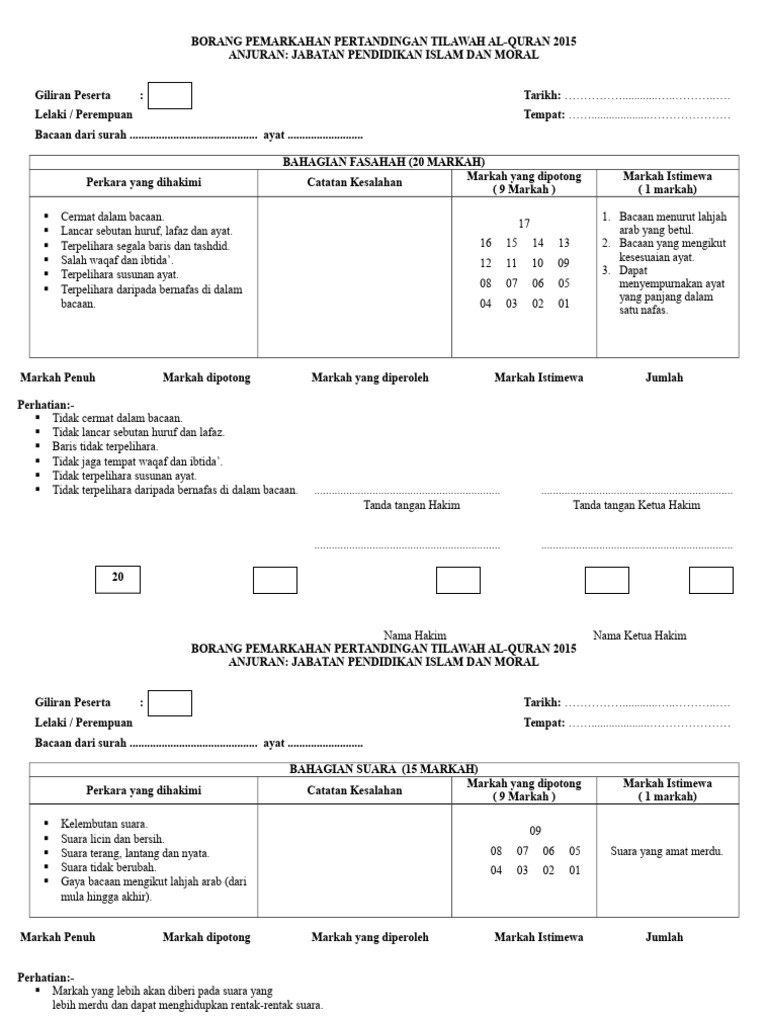 Borang Pemarkahan Tilawah PDF Free | PDF