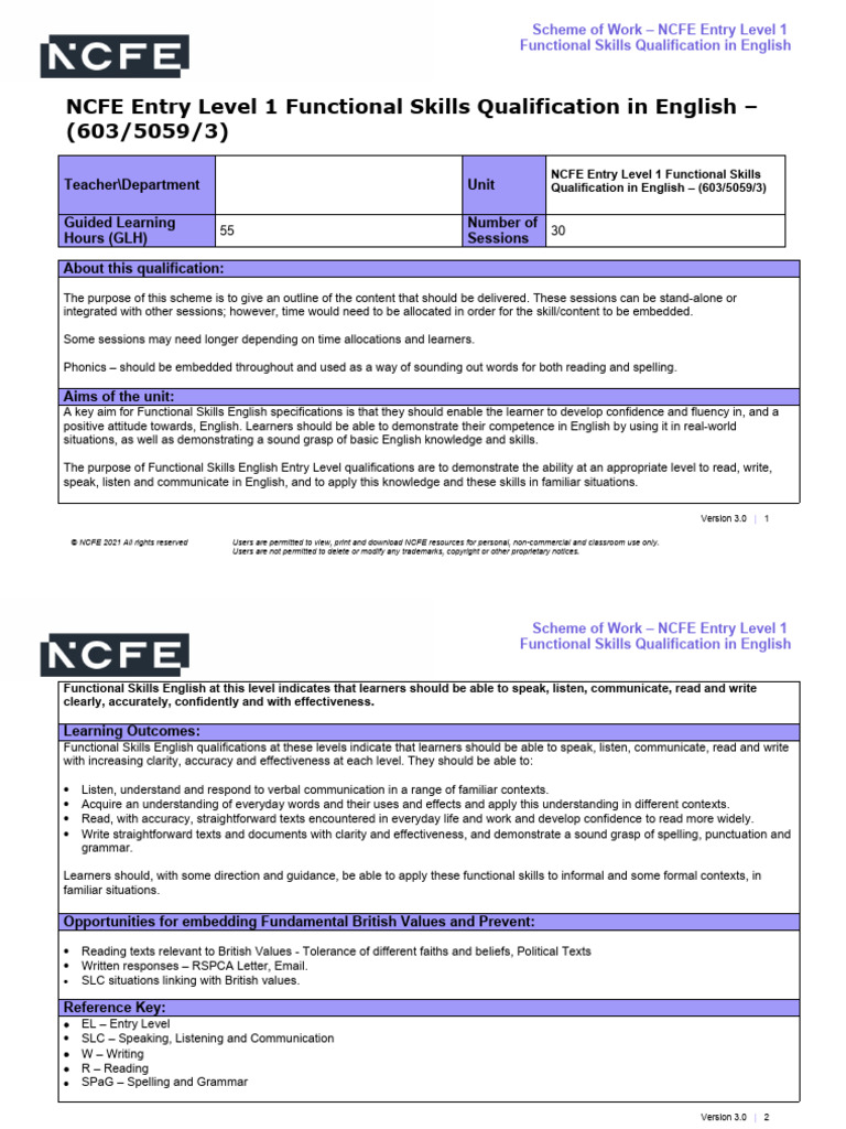 Ncfe Entry Level 1 Functional Skills Qualification in English Scheme of Work v30 | PDF | Letter ...