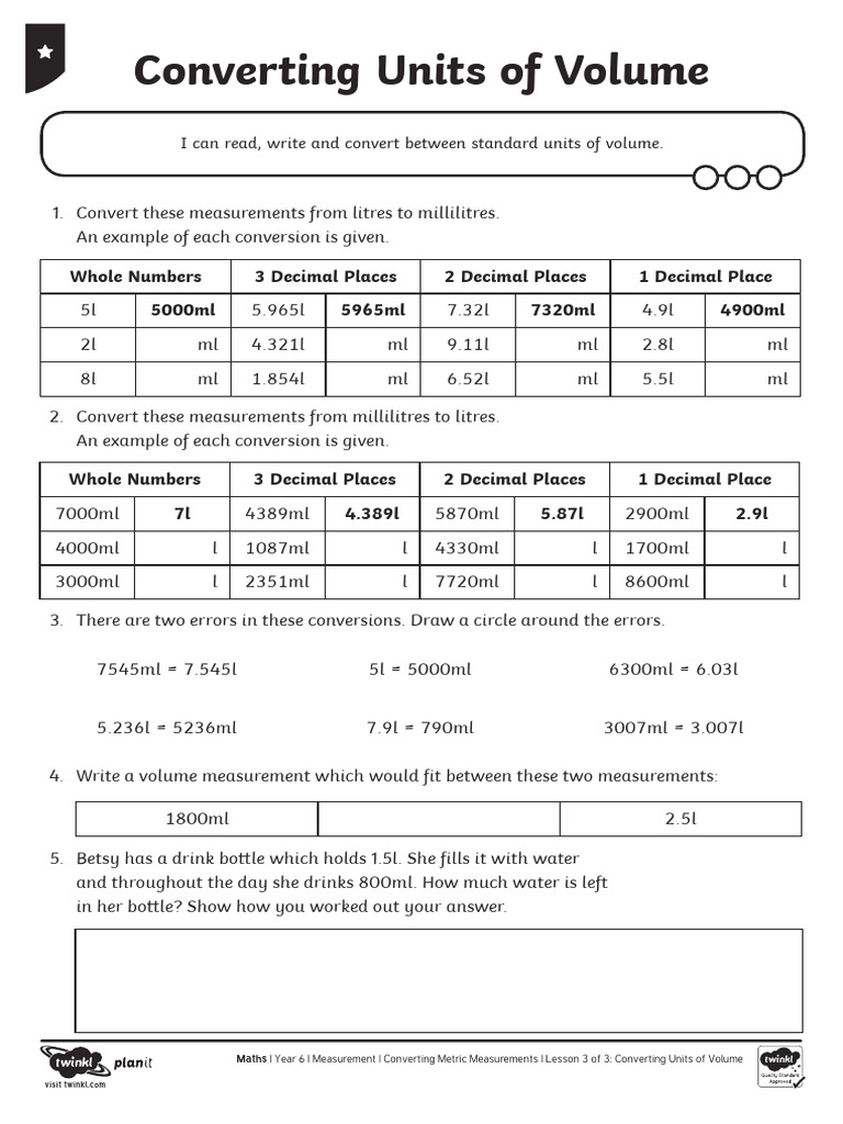 Volume Conversion Exercises for Year 6 | PDF | Litre | Volume