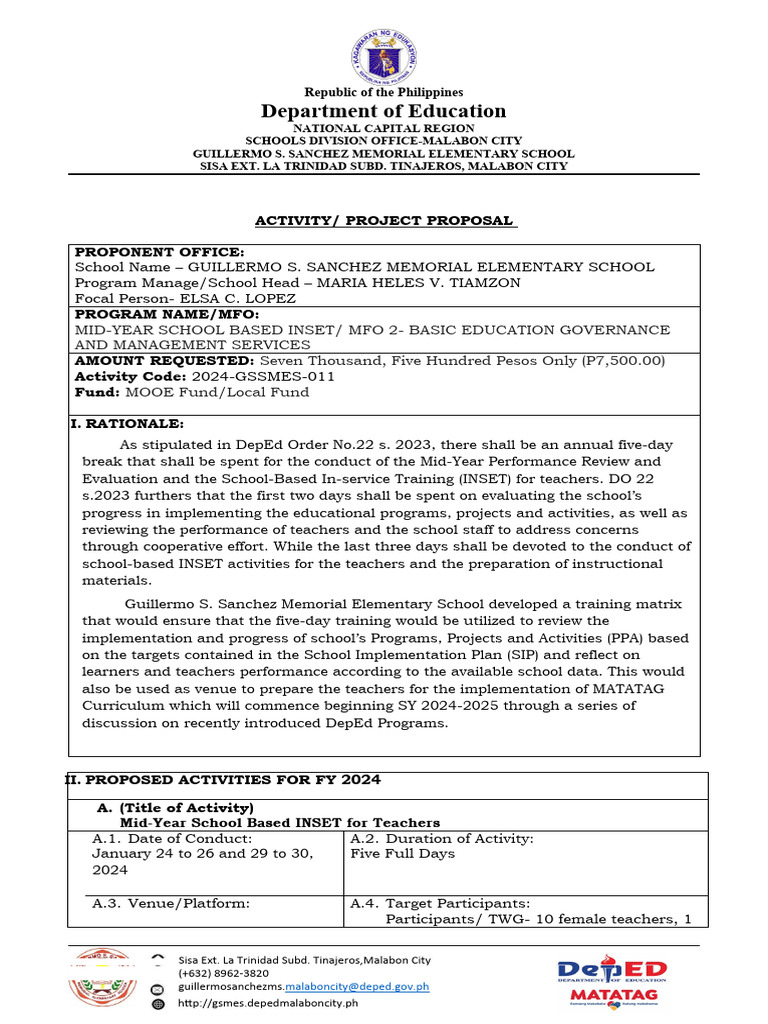 Mid-Year INSET Proposal for Teachers | PDF | Teachers