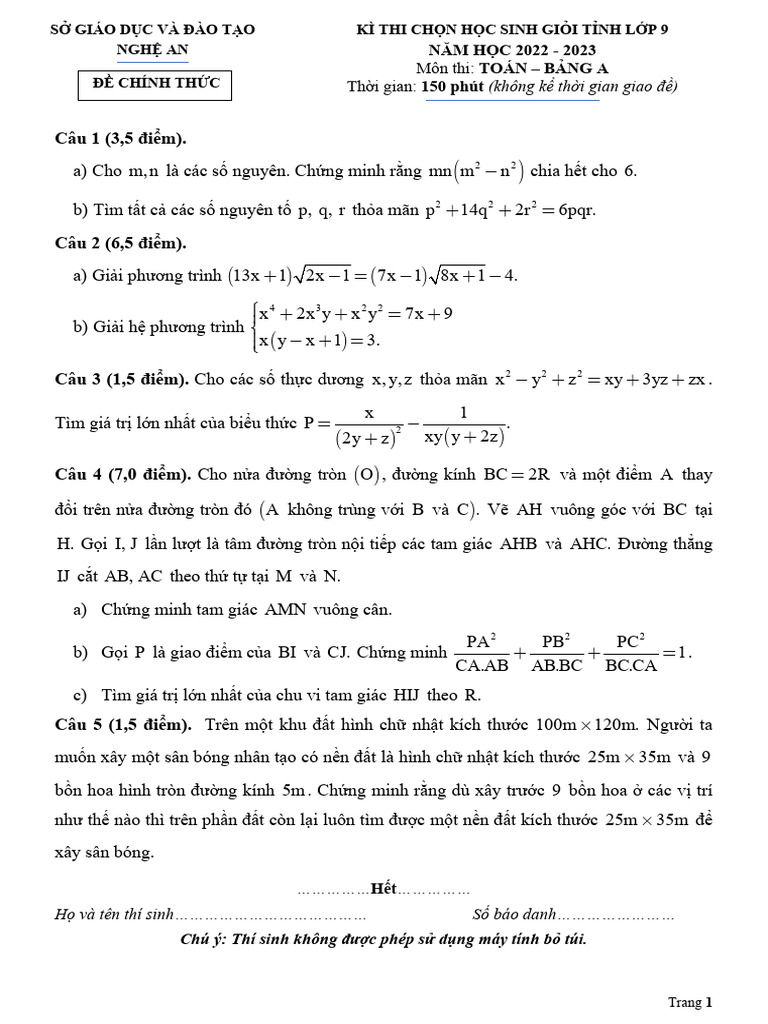 De Hoc Sinh Gioi Cap Tinh Toan 9 Nam 2022 2023 So GDDT Nghe An | PDF
