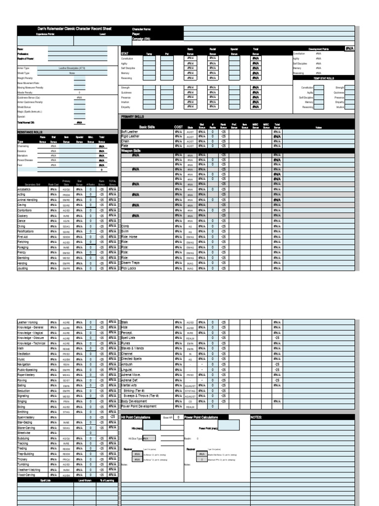 Rolemaster Classic Character Sheet | PDF