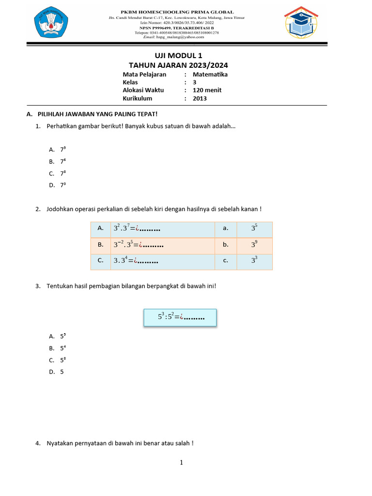 Uji Modul 1 Matematika Kelas 3 | PDF