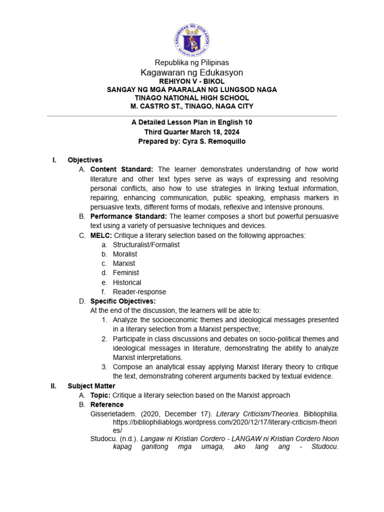 Detailed Lesson Plan Marxist Approach | PDF | Marxism | Communism