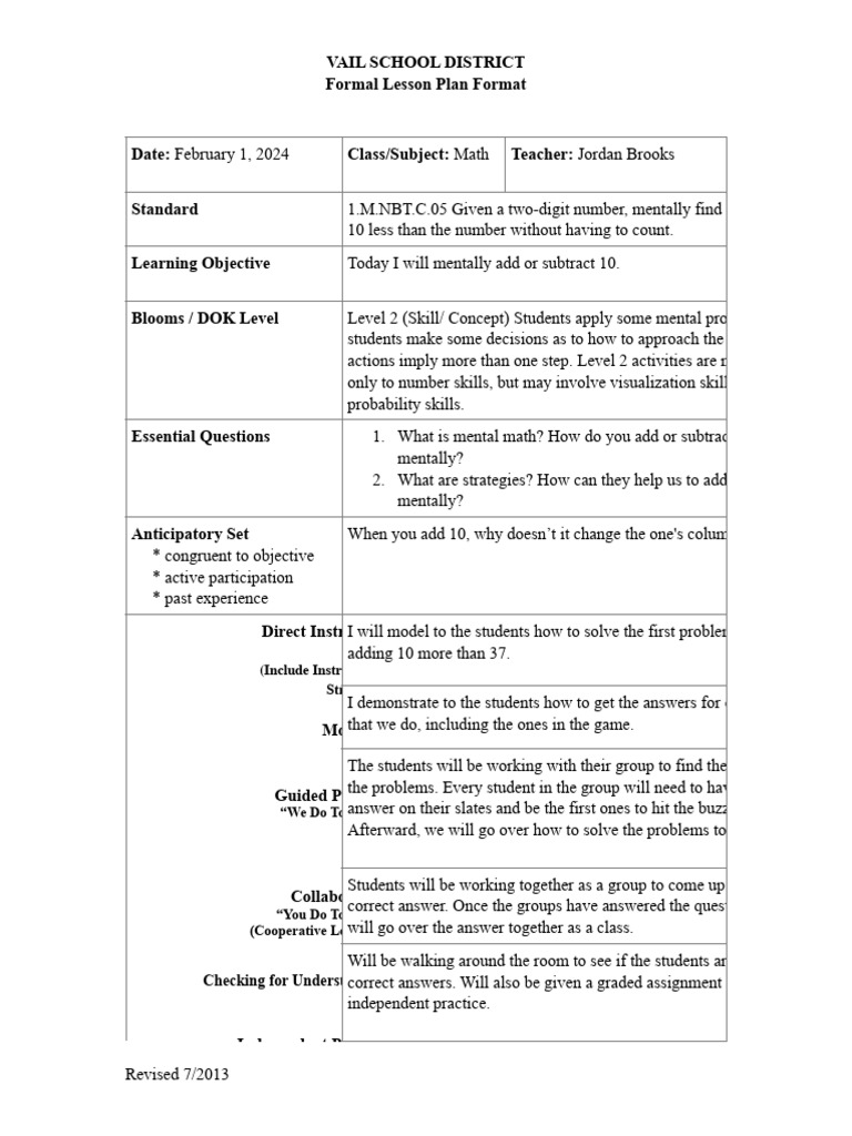 2 01 Math Formal Lesson Plan | PDF | Lesson Plan | Mathematics