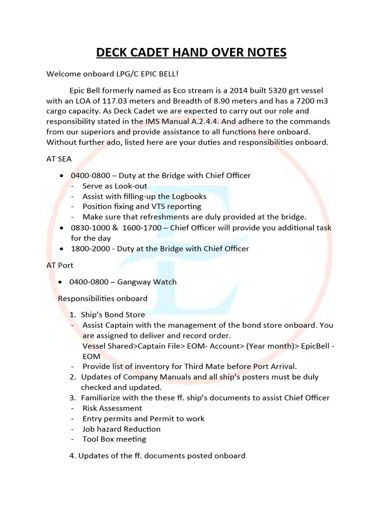 Deck Cadet Hand Over Notes | Download Free PDF | Sea Captain | Freight ...