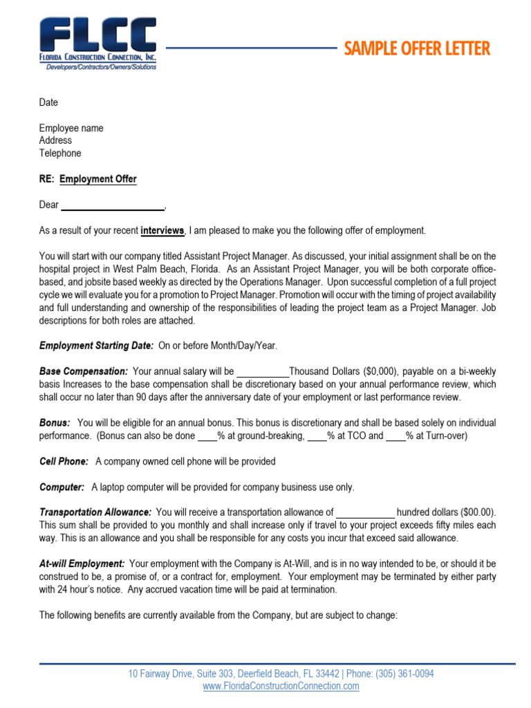 Sample Employment Offer Letter Template | PDF | Employment | Employee ...