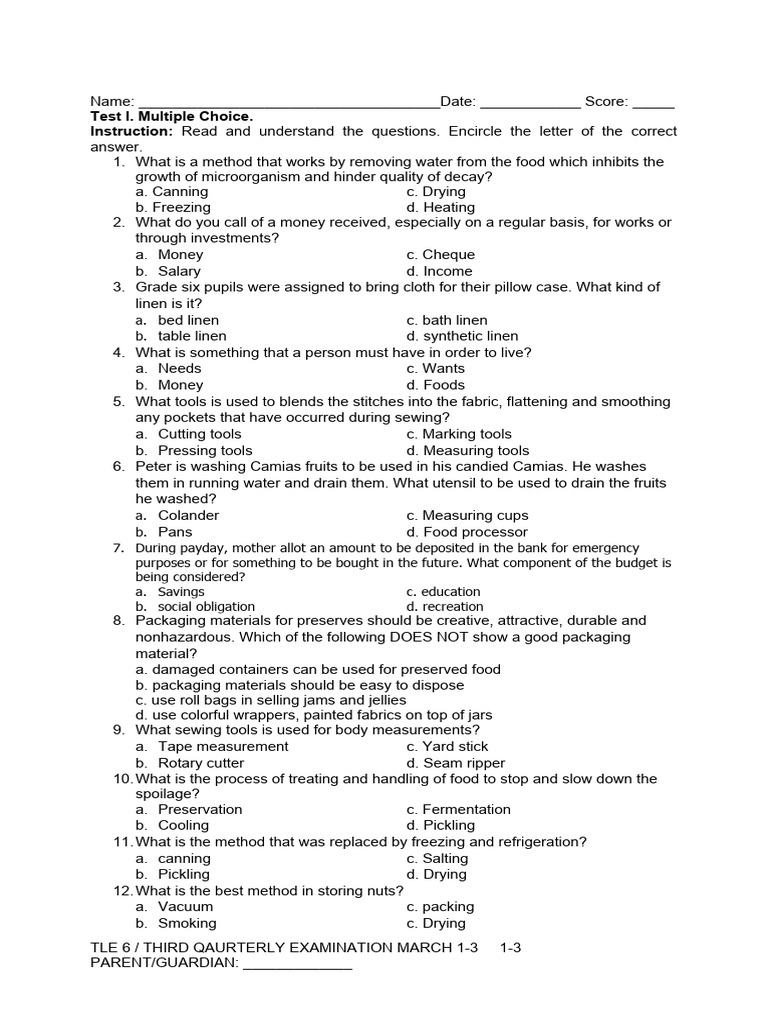 T L e 6 3rd Quarter Exam 2021 2021 | PDF | Sewing