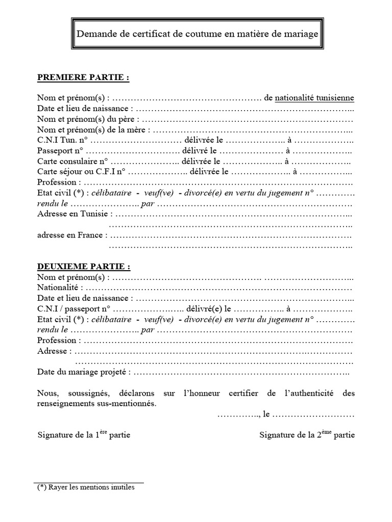 Formulaire De Certificat De Mariage