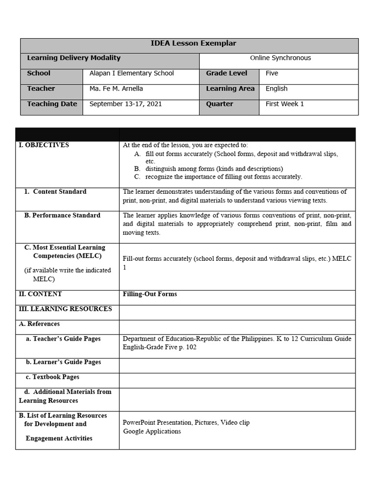 English5 Idea Le Q1 Week 1 | PDF | Learning | Information