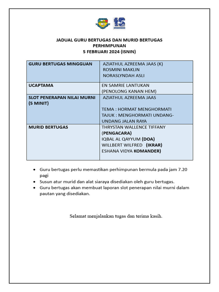Jadual Guru Bertugas Dan Murid Bertugas Pdf