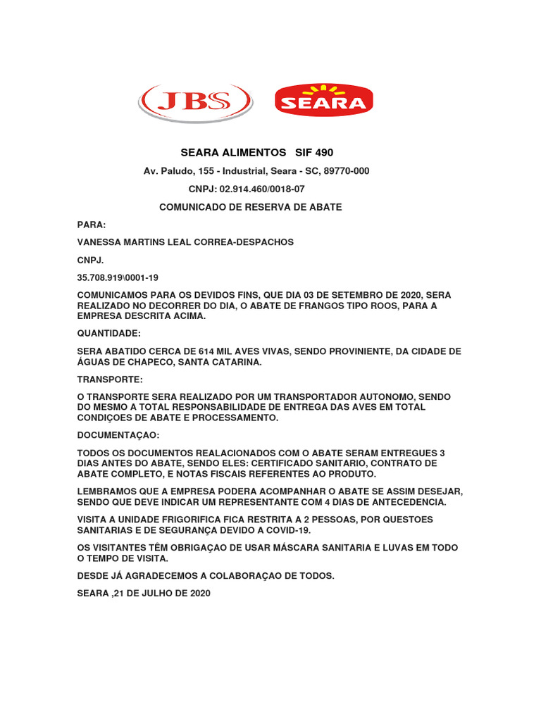 SEARA ALIMENTOS SIF 490-Vanessa | PDF | Negócios