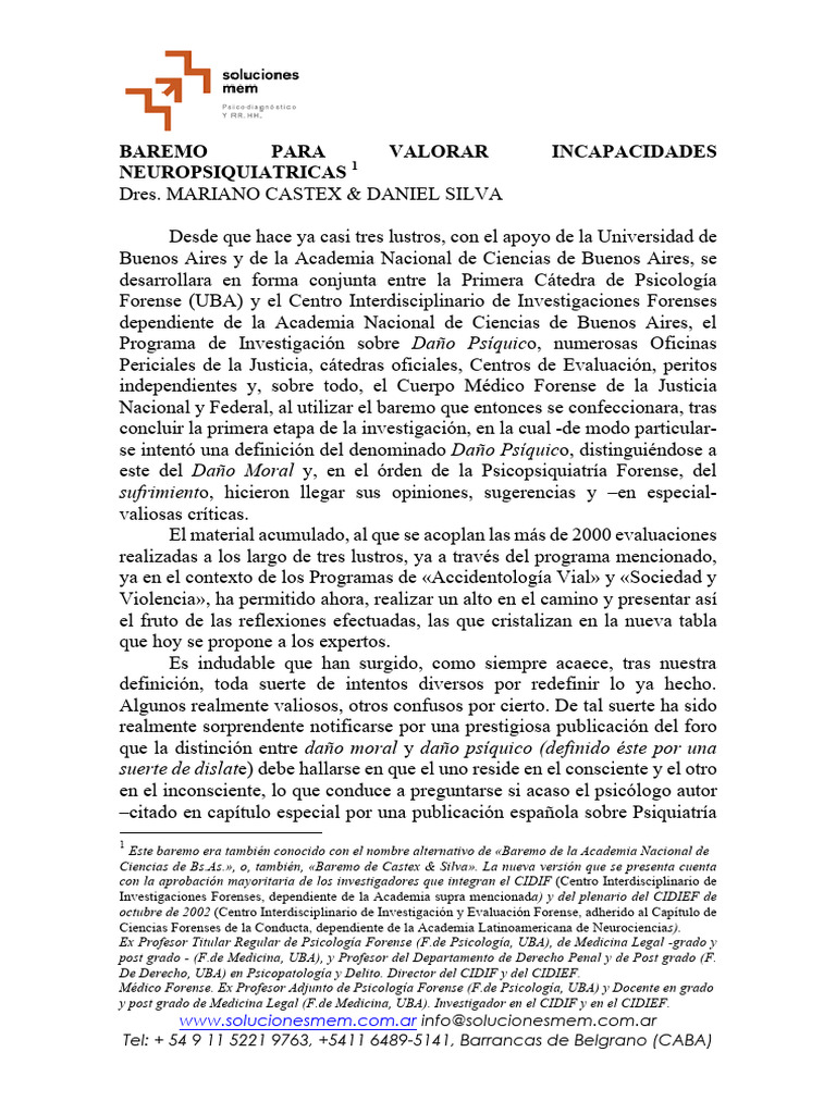 Baremo de Castex y Silva para Incapacidades | PDF | Trauma psicólogico | Sicología