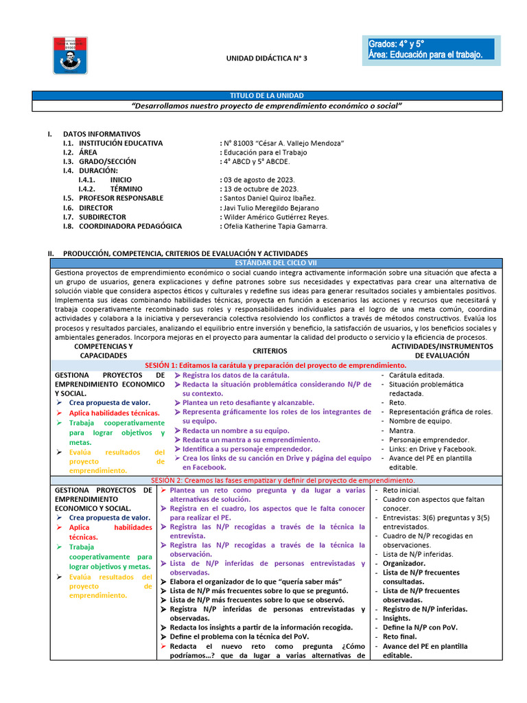 Unidad Didáctica #3 - 4°5° Ept | Descargar gratis PDF | Iniciativa empresarial | Aprendizaje