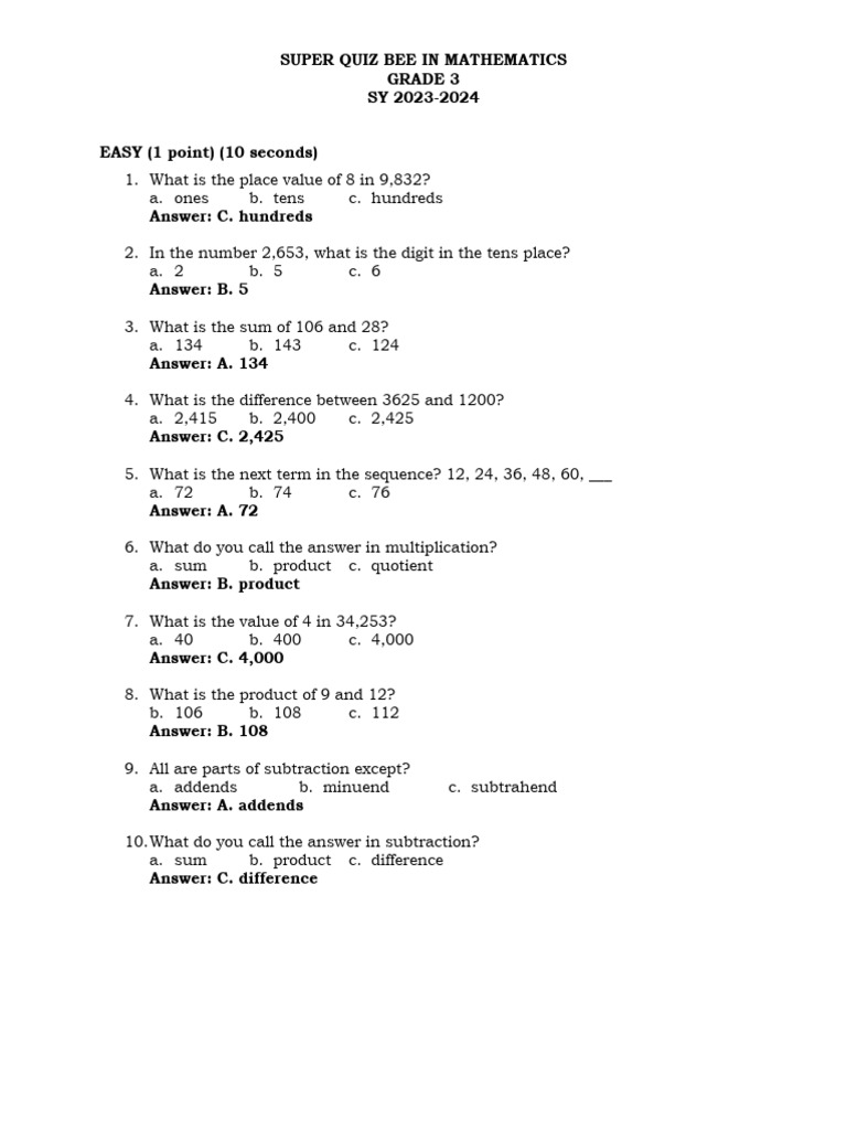 Grade 3 Math Quiz Bee 2023-2024 | PDF | Subtraction | Numbers