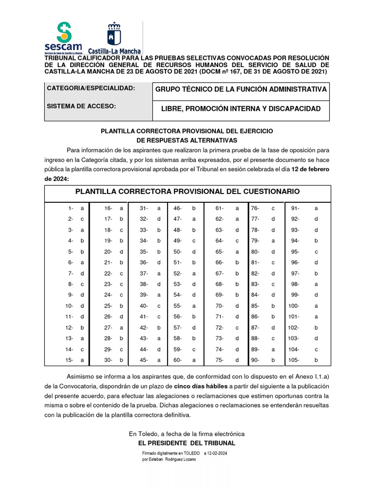 Plantilla Correctora Provisional Grupo Tecnico Sescam 2 | PDF